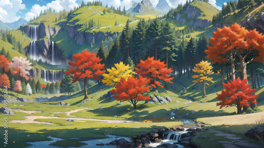 A beautiful rural nature forest. An Illustration in an anime background ...
