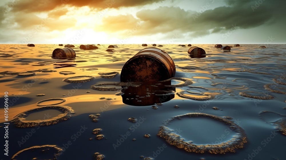 Oil spill and hazardous waste in the ocean. a film of oil pollutes ...