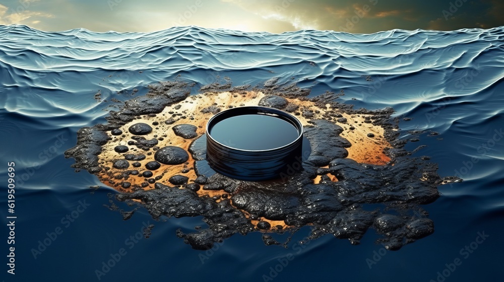 Oil spill and hazardous waste in the ocean. a film of oil pollutes ...