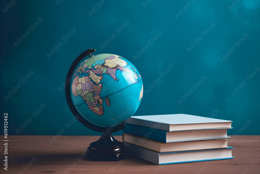Globe on table next to geography books on blue background. Education ...