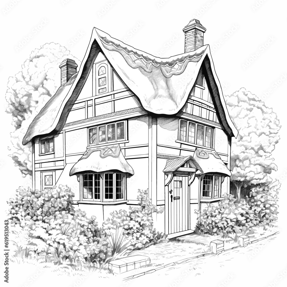 Cute English house black and white vector illustration for adult ...
