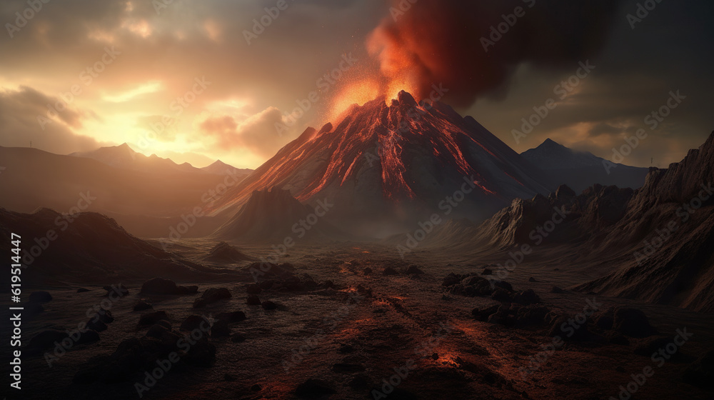 Generative AI. Fantasy landscape with volcano. Stock Illustration ...