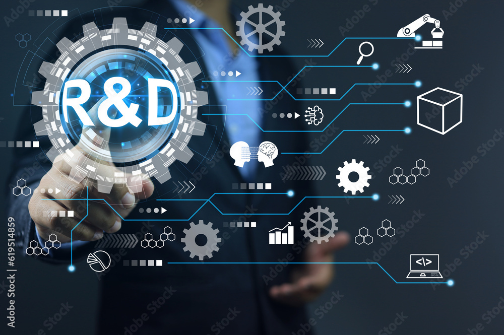 Creative developer pointing on R and D gear on research and development ...