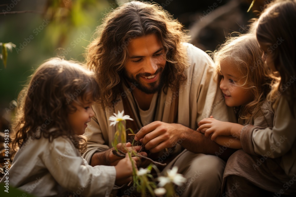 Jesus Christ with children in a garden Stock Photo | Adobe Stock