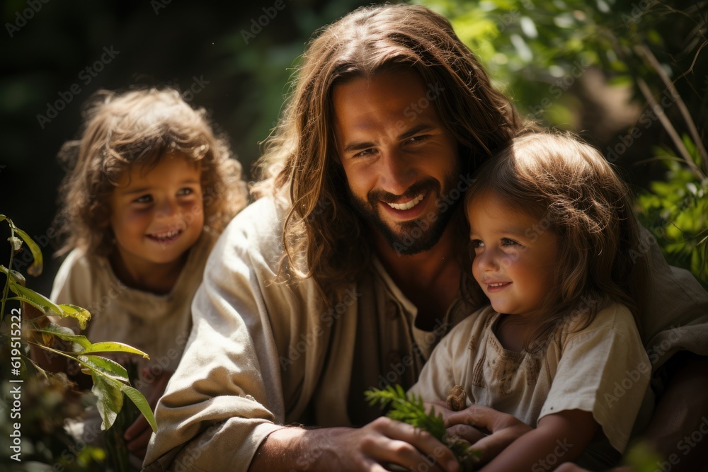 Jesus Christ with children in a garden Stock Photo | Adobe Stock