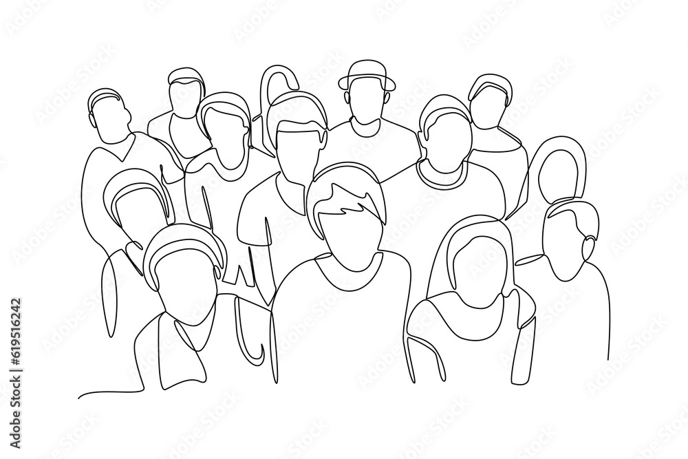 Continuous one line drawing concept of a crowd of happy people outdoors ...