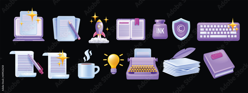 3D write author icon set, vector laptop article, creative story content ...