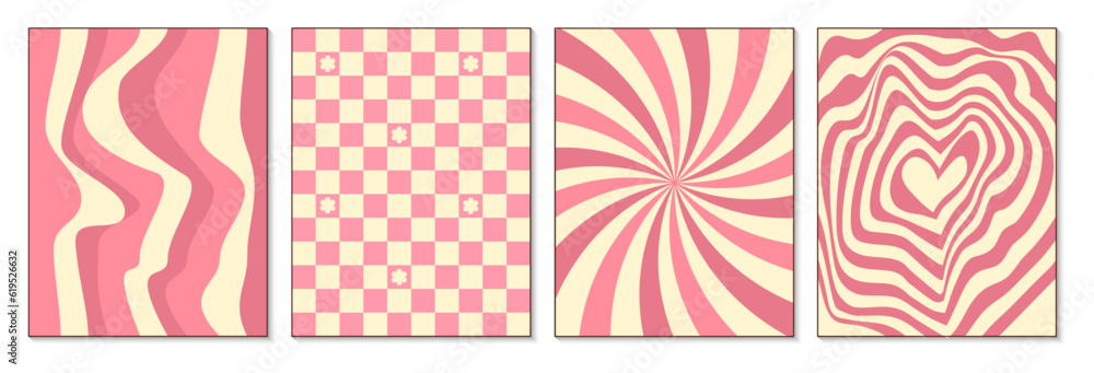 Groovy retro 70s backgrounds in pink colors. Checkerboard, waves ...