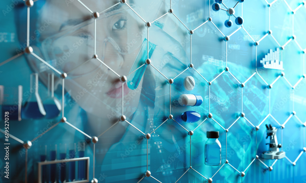 Scientist analysing a test tube behind a 3D hexagonal grid with pills ...