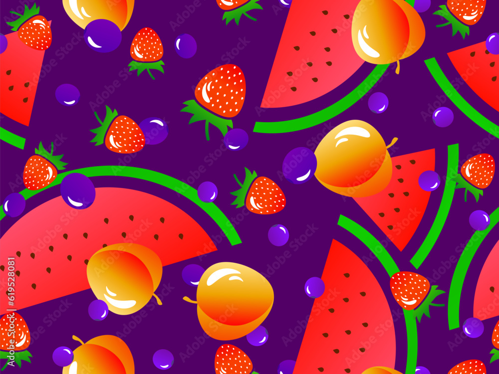 Seamless pattern with watermelon, peach, strawberry, blueberry. Summer ...