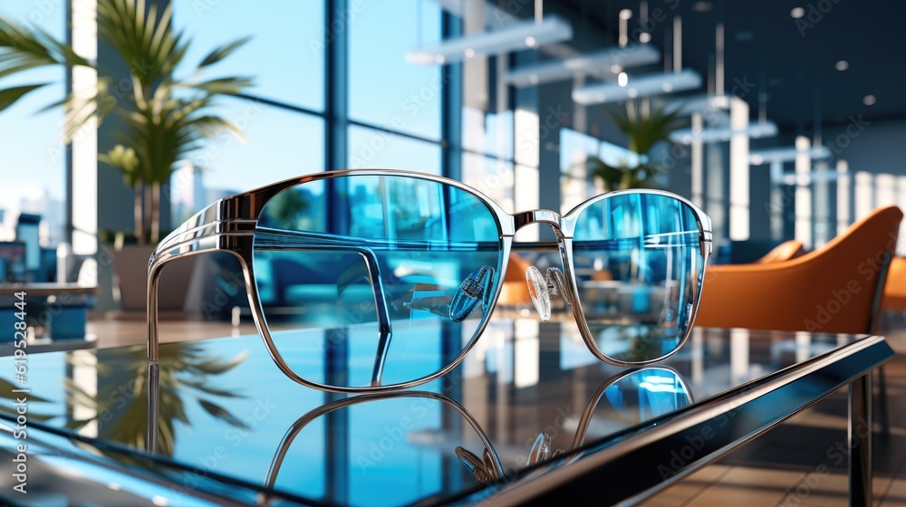 Interior of a modern eyeglasses shop, Various eyeglasses displayed at ...