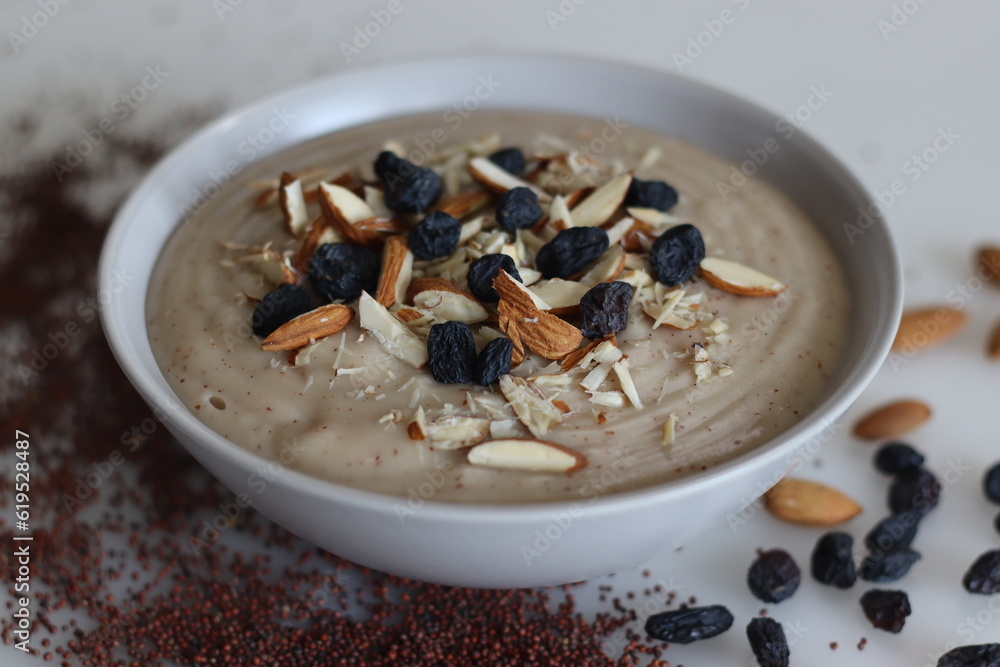 Ragi porridge. A porridge made of finger millet flour, sweetened with ...