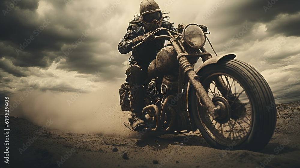 The wild action of an extreme macho biker racing through the post ...