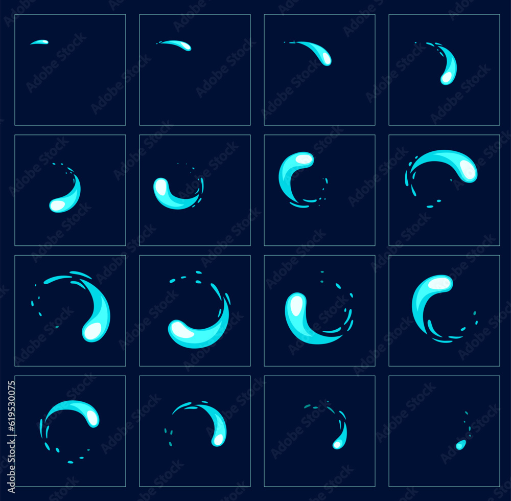 Water motion sprite sheet of animated swirl, vector cartoon animation ...