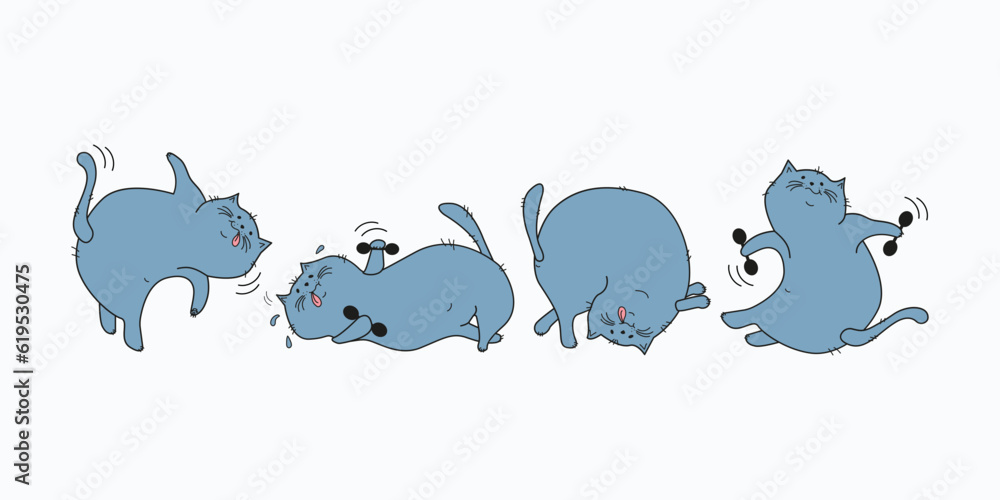 Cartoon Cats Set. Fat happy cats doing gymnastics. Cat with dumbbells ...