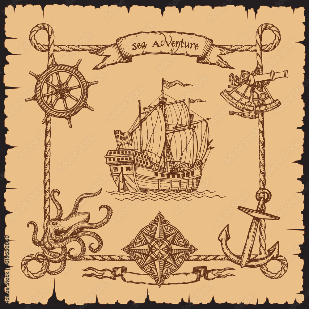 Vintage pirate vessel ship with rope frame border, sketches of anchor ...