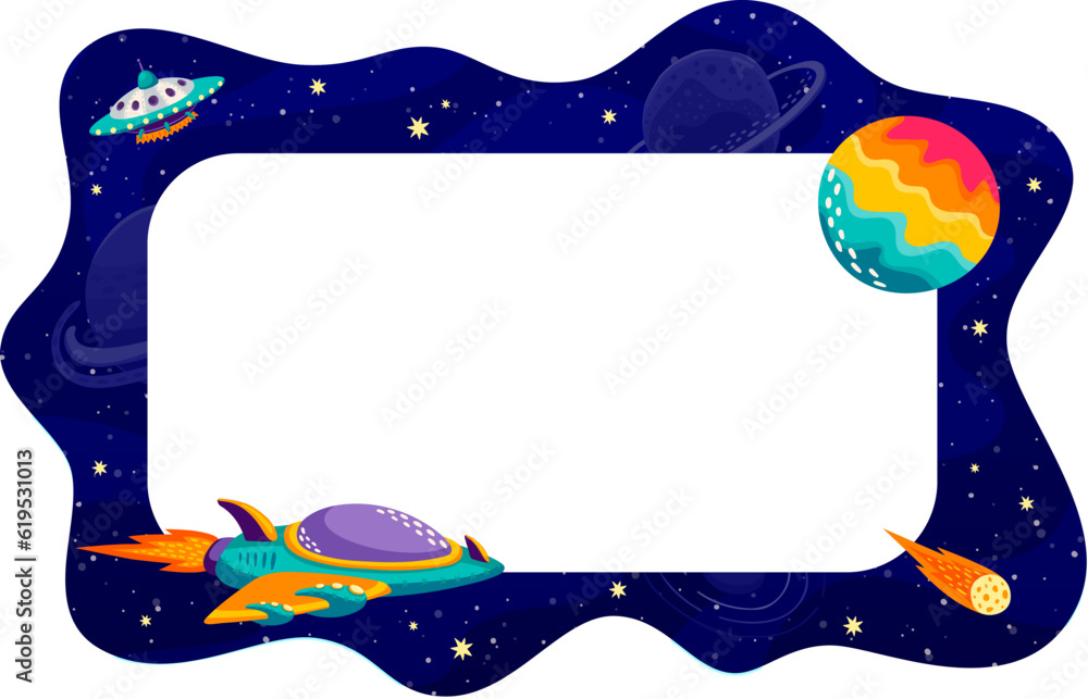 Border frame with galaxy space landscape, spaceship and comet. Vector ...