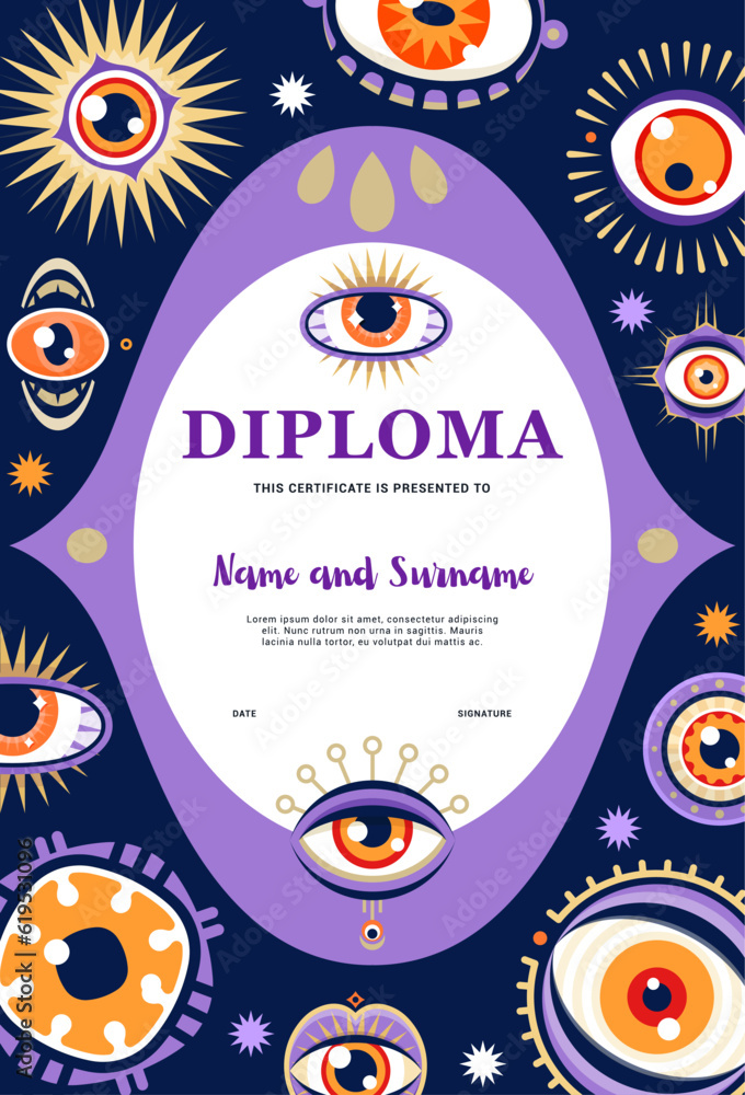 Kids wizard diploma with magical witchcraft eyes, vector education ...