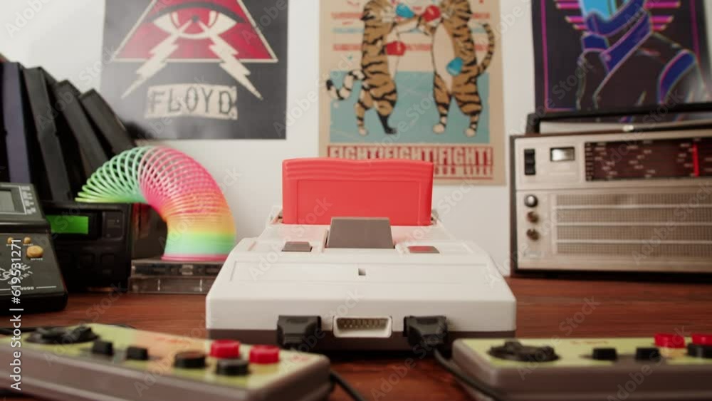 Old TV Game Console with ROM Cartridge, Vintage Gamer Room Joystick and ...