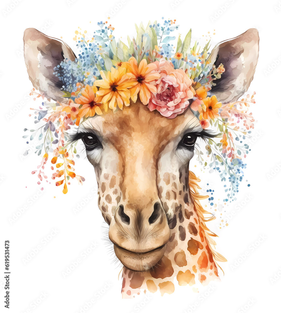 Realistic cute giraffe head painting with boho floral wreath. Jungle ...