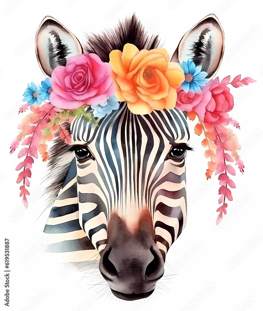 Cute zebra portrait with boho tropical flowers wreath. Jungle animal ...