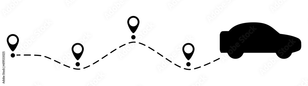 Car route with location pin icon. Automobile silhouette driving on ...