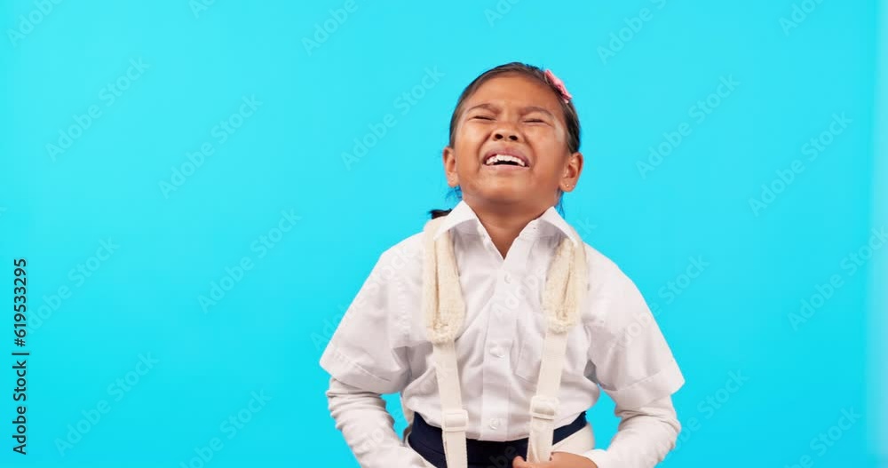Girl, bullying and upset with student or crying in blue background at ...