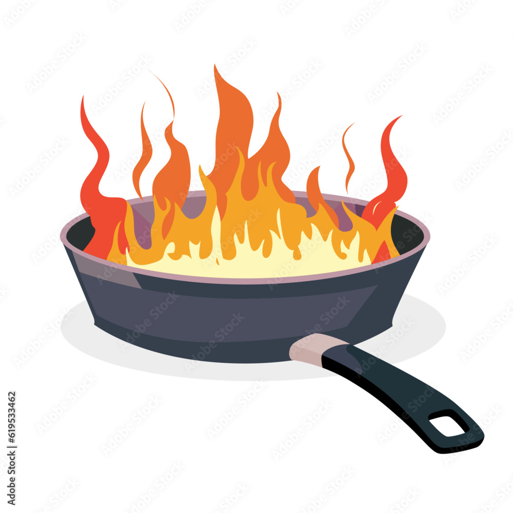 Burning Pan flat style vector illustration, Frying pan on fire flat ...