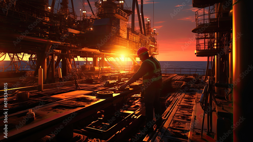 The engineer at an oil rig construction site is a highly skilled ...