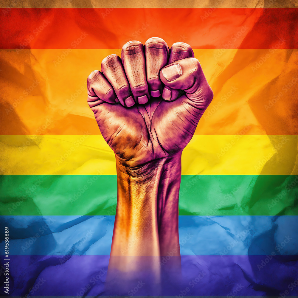 Closeup of human fist with LGBT pride flag painted over rainbow ...