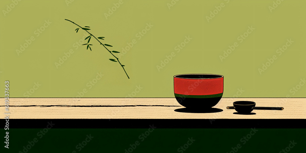 A minimalist Japanese ukiyo - e style woodblock print of a matcha tea ...