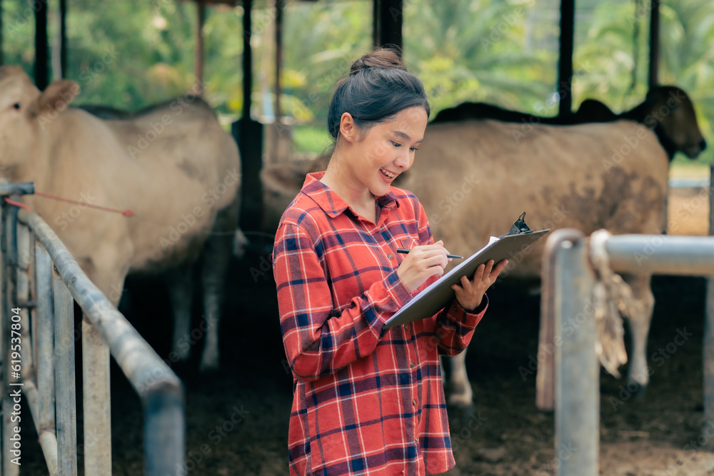 Asian beautiful woman lookin at record board with smile of happiness ...