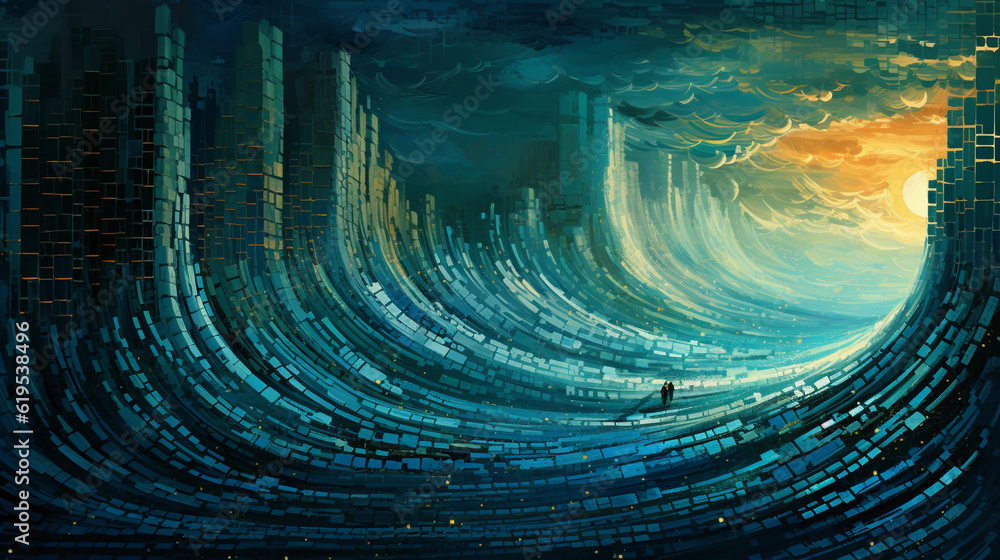 Binary code waves crashing against a digital fortress, intense action ...