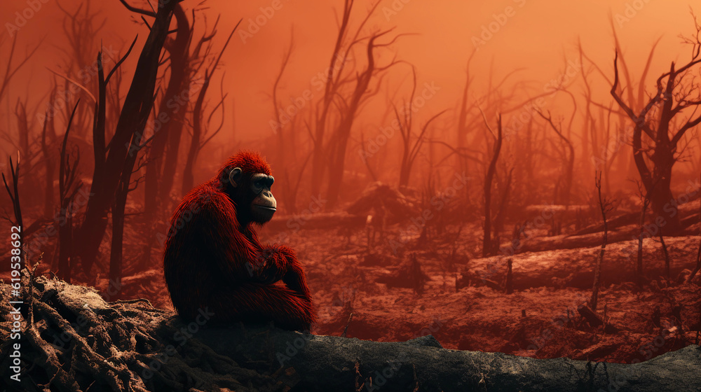 Conceptual 3D render of deforestation impact, a solitary orangutan in ...