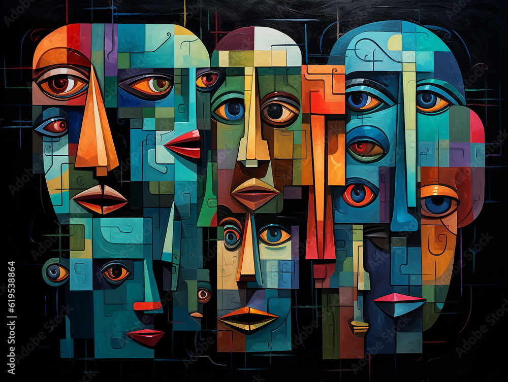 Digital cubism, array of human faces pieced together, each face encoded ...