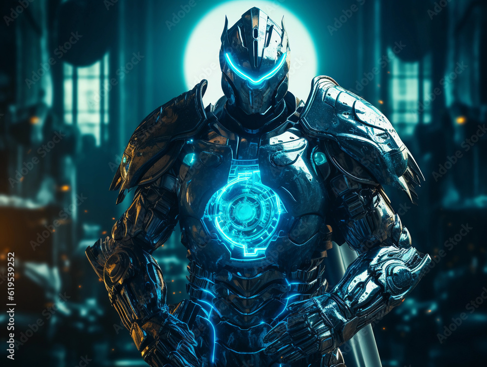Futuristic digital knight, armored with elements of a computer ...