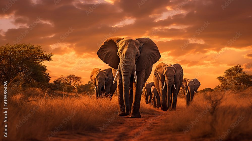 Hyper - realistic digital photograph of African elephants marching ...