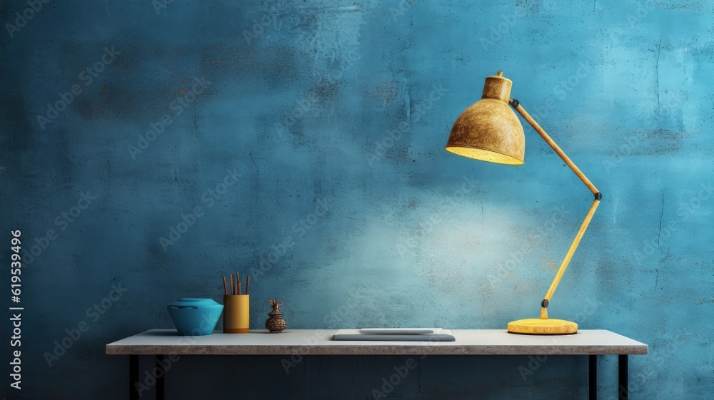 A desk lamp sitting on top of a table with blue wall as a background ...