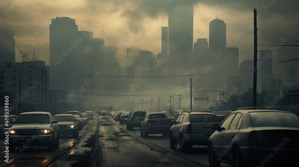Pollution choking a cityscape, smog - filled air, congested traffic ...