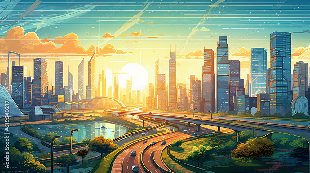 Sustainable cityscape during sunrise, futuristic architecture, solar ...