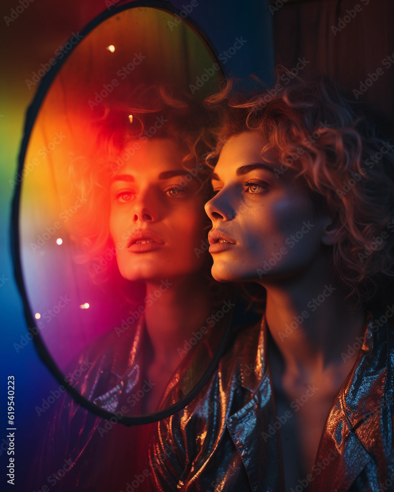 Symbolic composition of genderfluid person, looking into a mirror ...