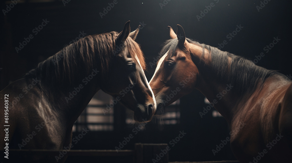 A Pair of Two Horses Nuzzling and Cuddling Face to Face in the Stables ...