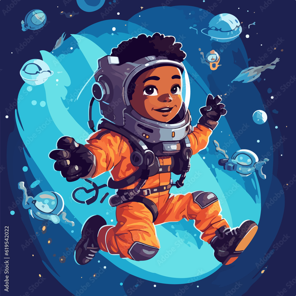 Vector illustration of a astronaut black child in space with planet ...
