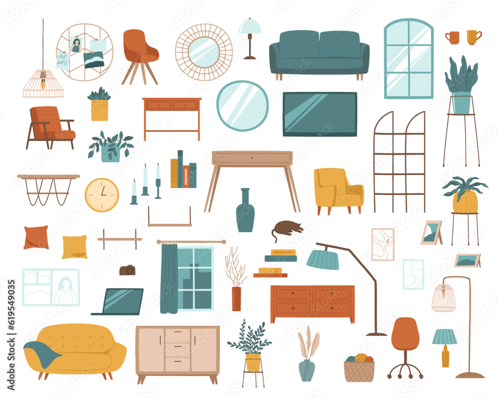 A set of furniture for the living room and office. Flowers, sofas ...