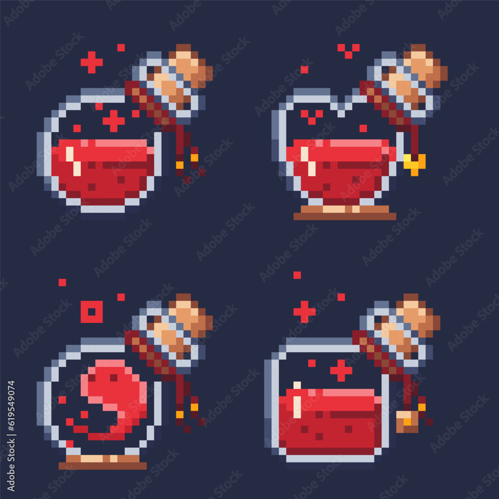Pixel art set of bottles with red magic, healing potion and elixir ...