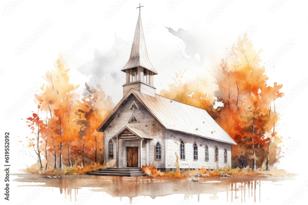 Watercolor Catholic Wooden Church in Autumn Colors on White, wedding ...