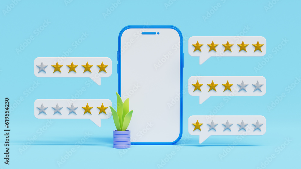 Online app review. 3d smart phone with rating stars choice, Feedback ...