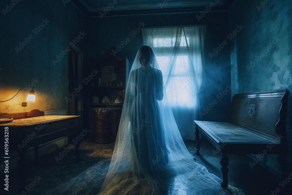 Vintage Blurred Image Of Creepy Ghost Woman In Dark Haunted House