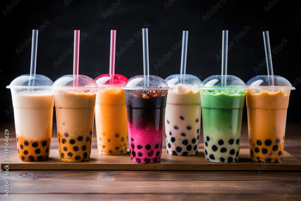 Plastic cups of different tasty bubble tea. Row of fresh boba bubble ...