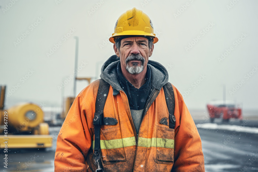 Worker man in orange builders jacket and hard hat helmet, blurred pipes ...